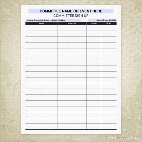 Printable Committee Sign Up Sheet Template