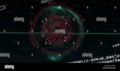 Image Of Red Round Scanner Spinning Over Data Processing And Globe Against Black Background
