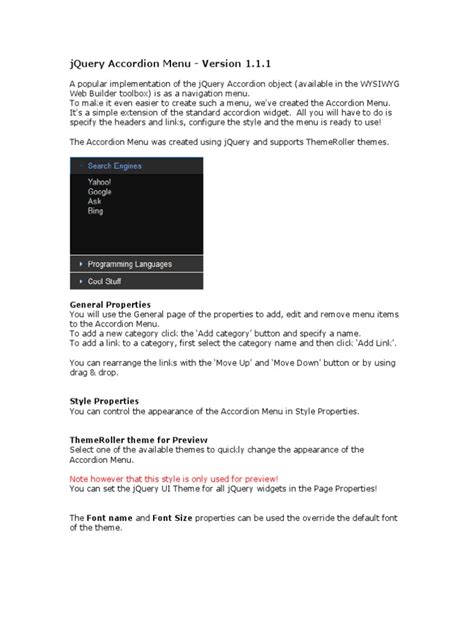 jquery accordion menu version 1 1 1 general properties pdf j query application software
