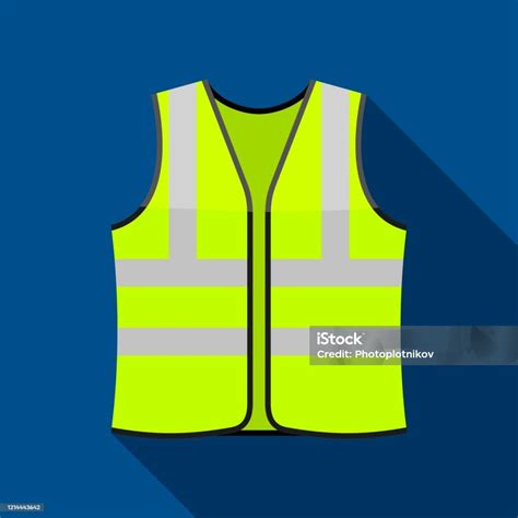 긴 그림자와 파란색 배경에 안전 조끼 아이콘입니다 반사 줄무늬가있는 안전 의류 작업자를 위한 안전한 유니폼의 아이콘입니다 벡터