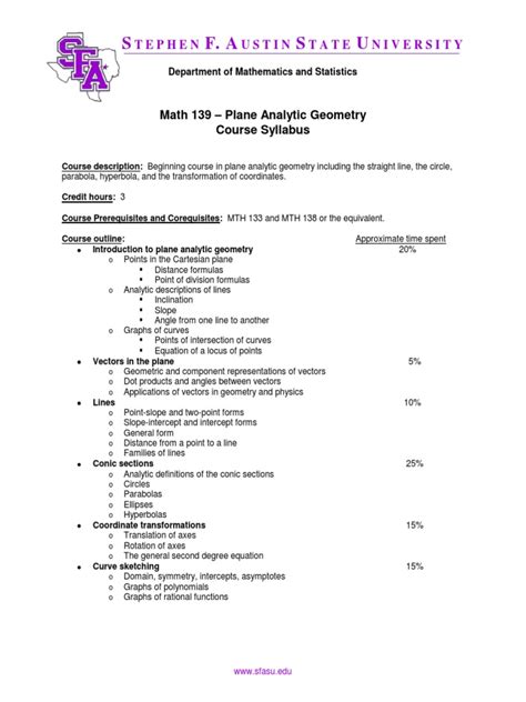 S F A S U Math 139 Plane Analytic Geometry Course Syllabus Download Free Pdf Analytic