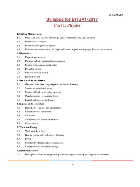 Syllabus For Bitsat 2017 Part I Physics Annexure Pdf Integral