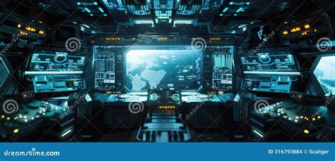 Spaceship Cabin Interior Dark Cockpit With Computer Screens And