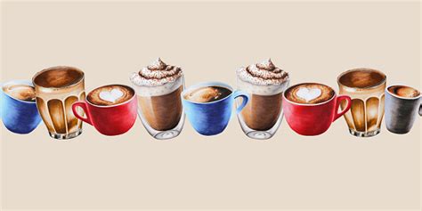 도자기와 유리 컵에 커피를 곁들인 수채화 보르두레 손으로 그림을 그리는 에스프레소 아메리카노 라떼 라프 커피를 가져가고 흰색