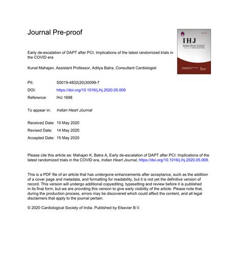 PDF Early De Escalation Of DAPT After PCI Implications Of The Latest Randomized Trials In The