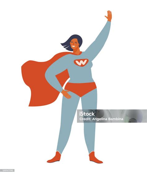 슈퍼 히어로 여성 캐릭터 흔들리는 케이프 변장 슈퍼 히어로 의상을 입은 멋진 여성 영웅 캐릭터 근육 포즈 게임 그림에 여성 슈퍼 소녀 만화 벡터 고립 슈퍼히어로에 대한 스톡