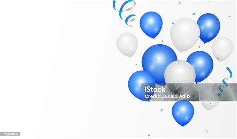 축제 장식 벡터 일러스트 레이 션에 대 한 색종이 파란색과 흰색 풍선으로 축하 그랜드 오프닝 카드 호화 인사말 리치 판매 벡터