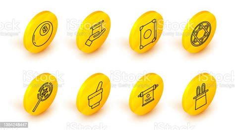 세트 라인 마술사 모자와 토끼 귀 스크롤 박격포 유봉 지팡이 데이비드의 스타 고대 마법의 책 손과 공 예측 아이콘 벡터 3차원 형태에 대한 스톡 벡터 아트 및 기타 이미지