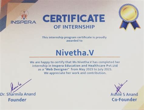 Nivetha V On Linkedin Internship Certificate Professionalgrowth Careerdevelopment Thankyou