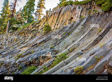 The Unusual Rock Formation Of Columnar Basalt At Devils Postpile National Monument California