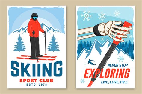 스키 스포츠 클럽 벡터 스키 클럽 복고풍 전단지 포스터 배너 산 스키어 남자 인간 해골 손 스키 폴을 들고 벽지 가족 휴가 활동 또는 여행 겨울에 대한 스톡 벡터 아트 및