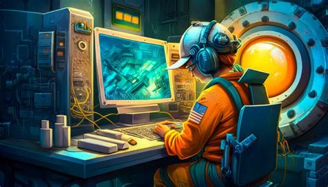 Man In An Orange Jumpsuit Is Working On Computer Generative Ai Stock Illustration