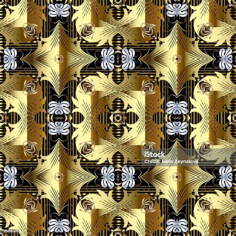 추상 꽃 골드 3d 벡터 원활한 패턴입니다 장식 기하학적 표면 배경입니다 현대적인 배경을 반복합니다 빈티지 꽃 잎 기하학 모양