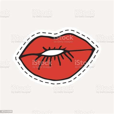 팝 아트 스타일에 독특한 Handdrawn 붉은 소녀 입술 손으로 그린 벡터 일러스트 레이 션 패치 스타일 귀여운에 대한 스톡