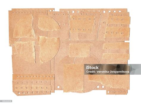 골판지 조각 은 격리 설정합니다 판지 조각 모형 컬렉션 템플릿을위한 찢어진 크래프트 용지 복사 공간 상단보기와 갈색 포장 조각