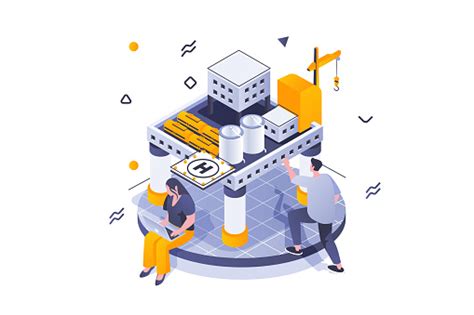 3d 아이소메트릭 디자인의 석유 산업 개념입니다 엔지니어는 생산 및 연료 저장을 위한 기계와 함께 산업 플랜트 스테이션에서