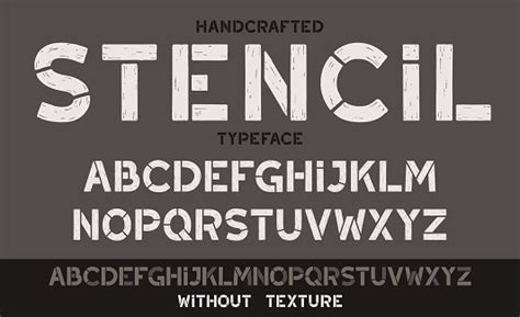 독창적이고 창의적인 스텐실 글꼴입니다 브러시 모션 질감이 있는 수제 스텐실 플레이트 문자 세트 벡터 고품질 서체 컴퓨터 글자에
