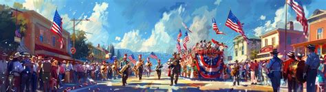 Colorful Fourth Of July Parade With Marching Bands Vibrant Floats And Waving American Flags