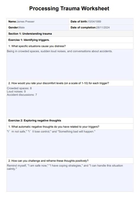 Processing Trauma Worksheet Example Free PDF Download