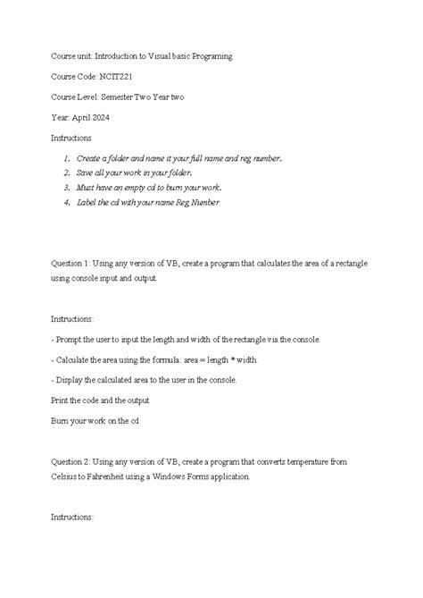 Introduction To Visual Basic Programing April 2024 Course Unit Introduction To Visual Basic