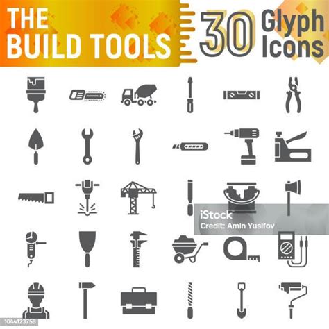 빌드 도구 글리프 아이콘 세트 건축 기호 컬렉션 벡터 스케치 로고 삽화 장비 표지판 고체 무늬 패키지에 고립 된 백색 배경 10에 대한 스톡 벡터 아트 및 기타 이미지
