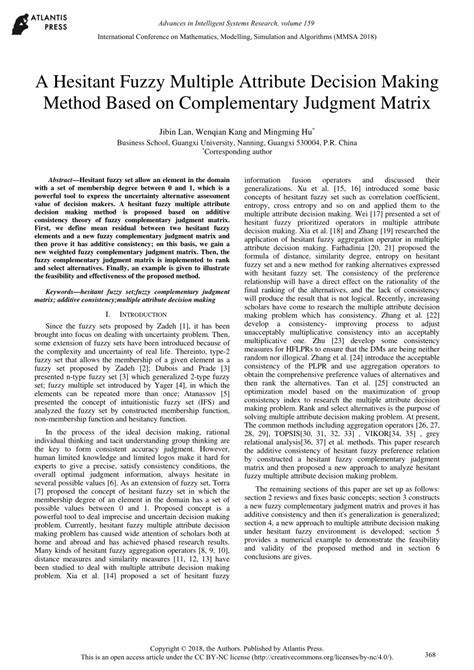 Pdf A Hesitant Fuzzy Multiple Attribute Decision Making Method Based
