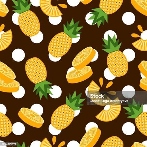 패턴은 큰 물방울 무늬 장식 갈색 배경에 파인애플 열매를 맺고 있다 단순하고 눈에 띄며 밝은 그림 인쇄물 의류 표면 디자인 0명에 대한 스톡 벡터 아트 및 기타 이미지