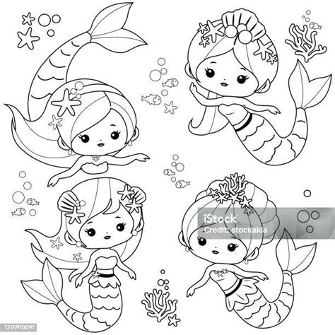 คอลเลกชันนางเงือกที่สวยงาม เวกเตอร์หน้าระบายสีขาวดํา ภาพประกอบสต็อก ดาวน์โหลดรูปภาพตอนนี้ Istock