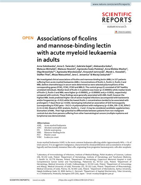 Pdf Associations Of Ficolins And Mannose Binding Lectin With Acute Myeloid Leukaemia In Adults