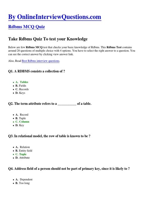 Rdbms Mcq Quiz Pdf Relational Database Relational Model