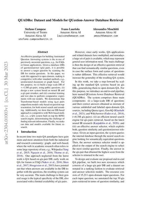 Quadro Dataset And Models For Question Answer Database Retrieval Deepai