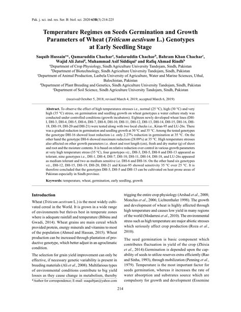 Pdf Temperature Regimes On Seeds Germination And Growth Parameters Of
