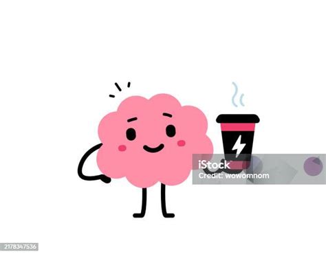 벡터 만화 에너지 일러스트 의 귀여운 행복 뇌 홀드 커피 컵 흰색 색상 배경 플랫 낙서 스타일 디자인 미소 뇌 캐릭터 음료 뜨거운 커피 음료수 0명에 대한 스톡 벡터 아트