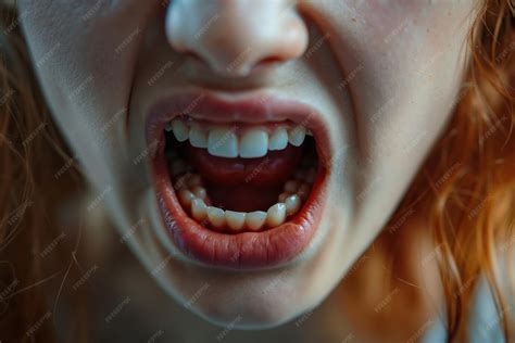 A Close Up Of A Womans Mouth With Her Mouth Open Showing Her Teeth
