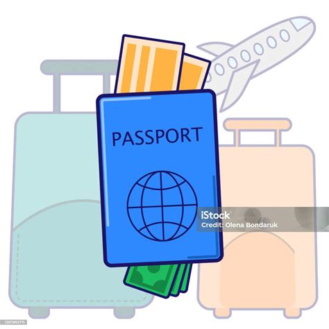 여권 티켓 및 돈 가방과 배경에 비행기 여행 여권 심사 및 체크인의 개념 개념에 대한 스톡 벡터 아트 및 기타 이미지 개념 건네주기 계획 Istock