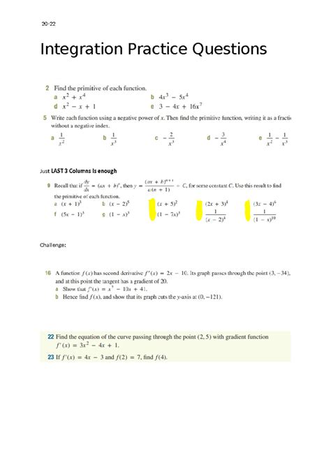Integration Practice Questions 20 Integration Practice Questions Just Last 3 Columns Is