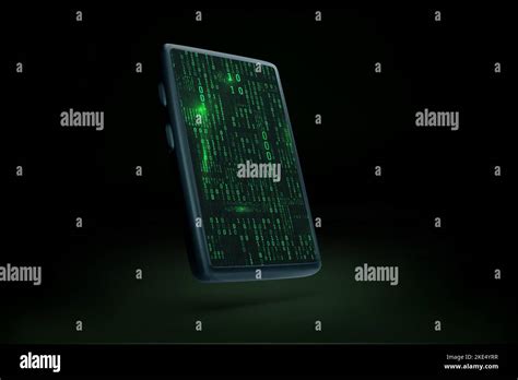 3d mobile phone with binary data stream in matrix style on screen