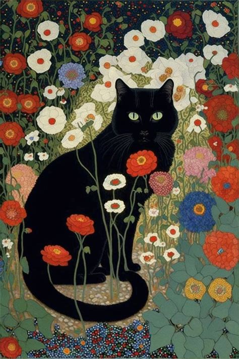Gustav Klimt Garden Cat Print Klimt Flowers Cat Poster Black Etsy In 2023 Art Prints Black