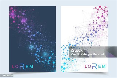 과학 브로셔 디자인 템플릿 벡터 전단지 레이아웃 연결된 선과 점이있는 분자 구조 잡지 전단지 표지 포스터 디자인을위한 요소와