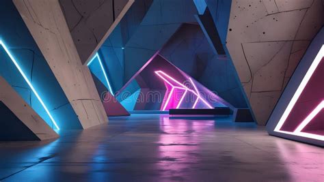 Futuristic Interior With Geometric Shapes And Neon Lighting Stock