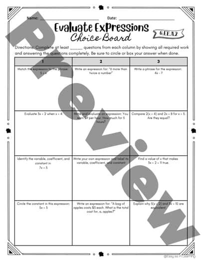 Algebraic Expressions Choice Board Writing Reading And Evaluating Expressions