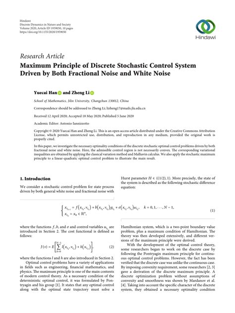 Pdf Maximum Principle Of Discrete Stochastic Control System Driven By Both Fractional Noise