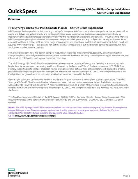 Hpe Synergy 480 Gen10 Plus Compute Module Carrier Grade Supplement