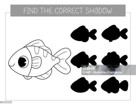 물고기와 함께 올바른 그림자 색칠하기 책을 찾으십시오 아이들을 위한 색칠 공부 페이지 교육용 게임 귀여운 만화 물고기입니다
