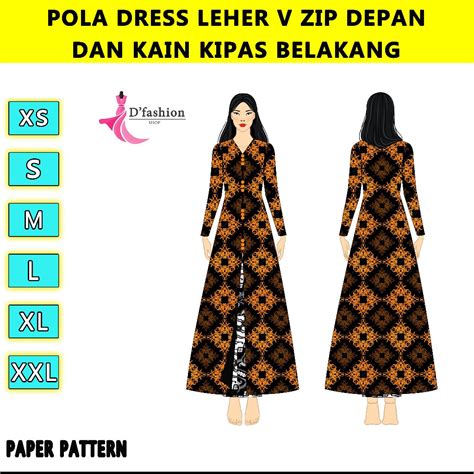 Pola Dress Leher V Zip Depan Dan Kain Kipas Belakang Shopee Malaysia