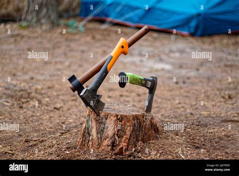 A Selective Of Axes On A Cut Tree Trunk Stock Photo Alamy