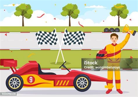 포뮬러 레이싱 스포츠카는 레이스 서킷에 도달하여 결승선 만화 일러스트레이션으로 우승하여 플랫 스타일의 손으로 그린 템플릿 디자인 경쟁에 대한 스톡 벡터 아트 및 기타 이미지