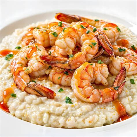 Gourmet Shrimp Over Creamy Risotto With Drizzled Sauce Fine Dining