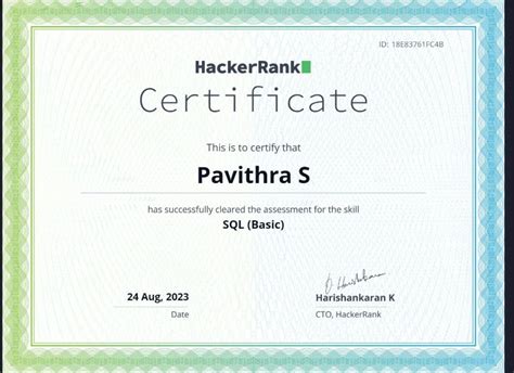 Successfully Cleared The Assessment For Sql Basic In Hackerrank Pavithra S