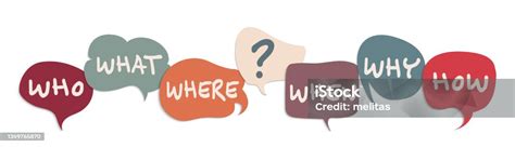 벡터는 텍스트와 함께 다채로운 음성 거품을 격리 누가 언제 왜 어떻게 물음표 분석 및 다양한 질문을 해결합니다 문제 해결 또는 브레인스토밍 개념 개념에 대한 스톡 벡터 아트